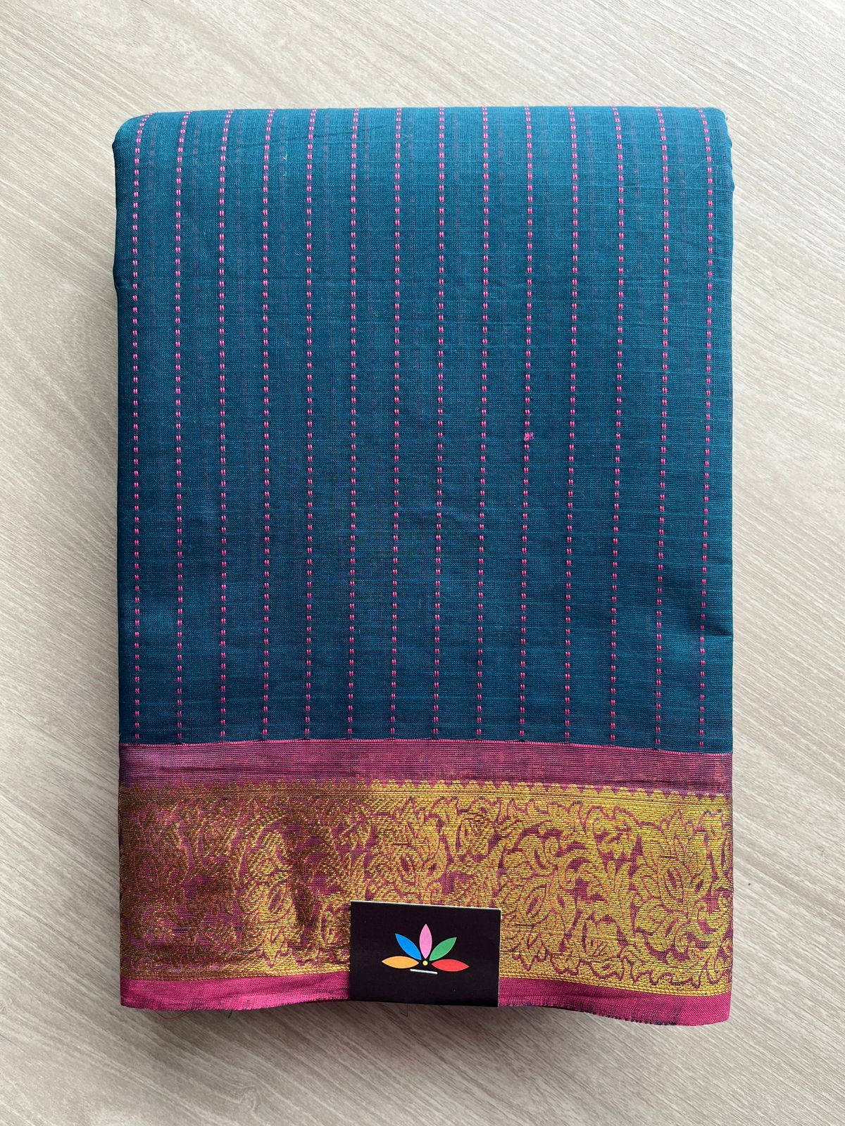 Dark Peacock teal with Rani Pink Zari Border Chettinad Cotton Saree ...