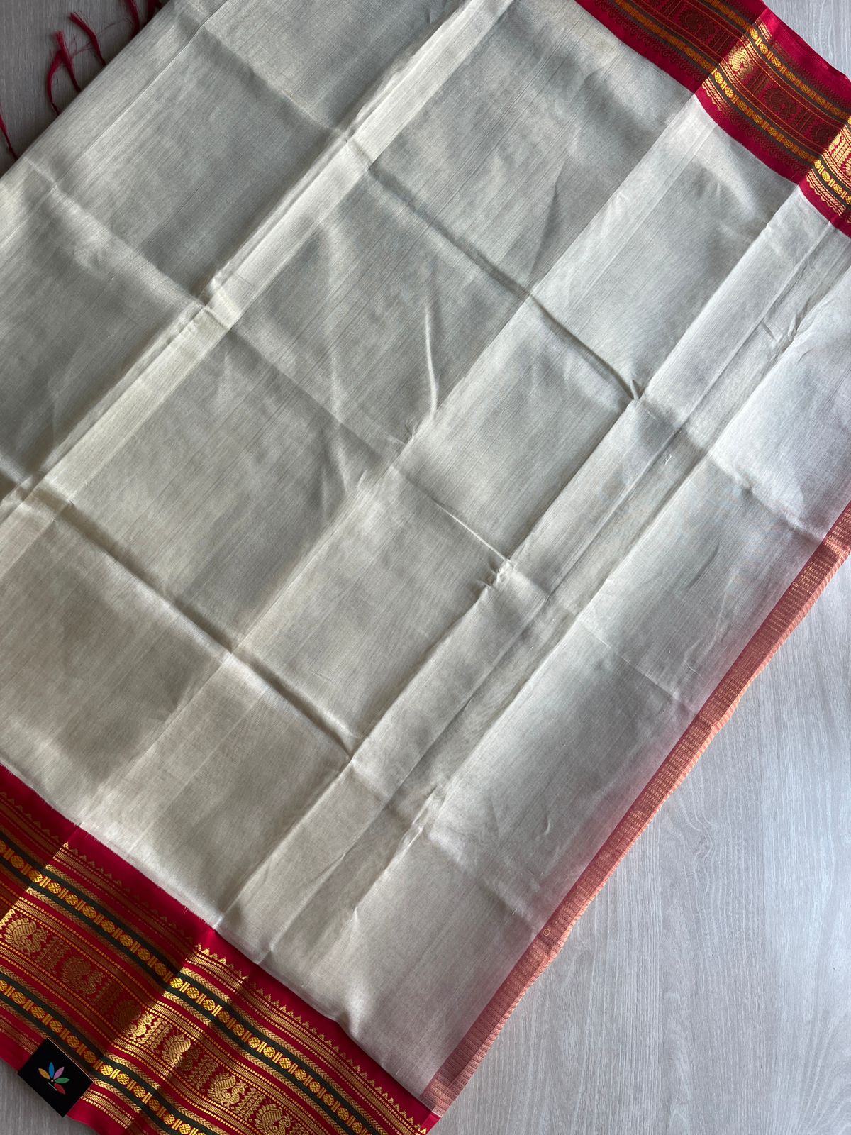 Ivory Shade & Bright Red Korvai Border Silk Cotton Saree -29232 – FABK